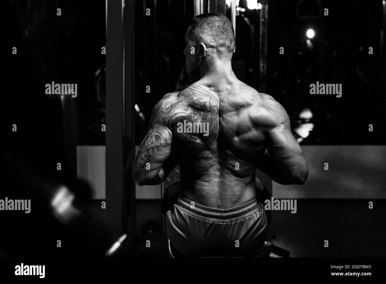Handsome Bodybuilder Doing Heavy Weight Exercise For Back On Machine ...