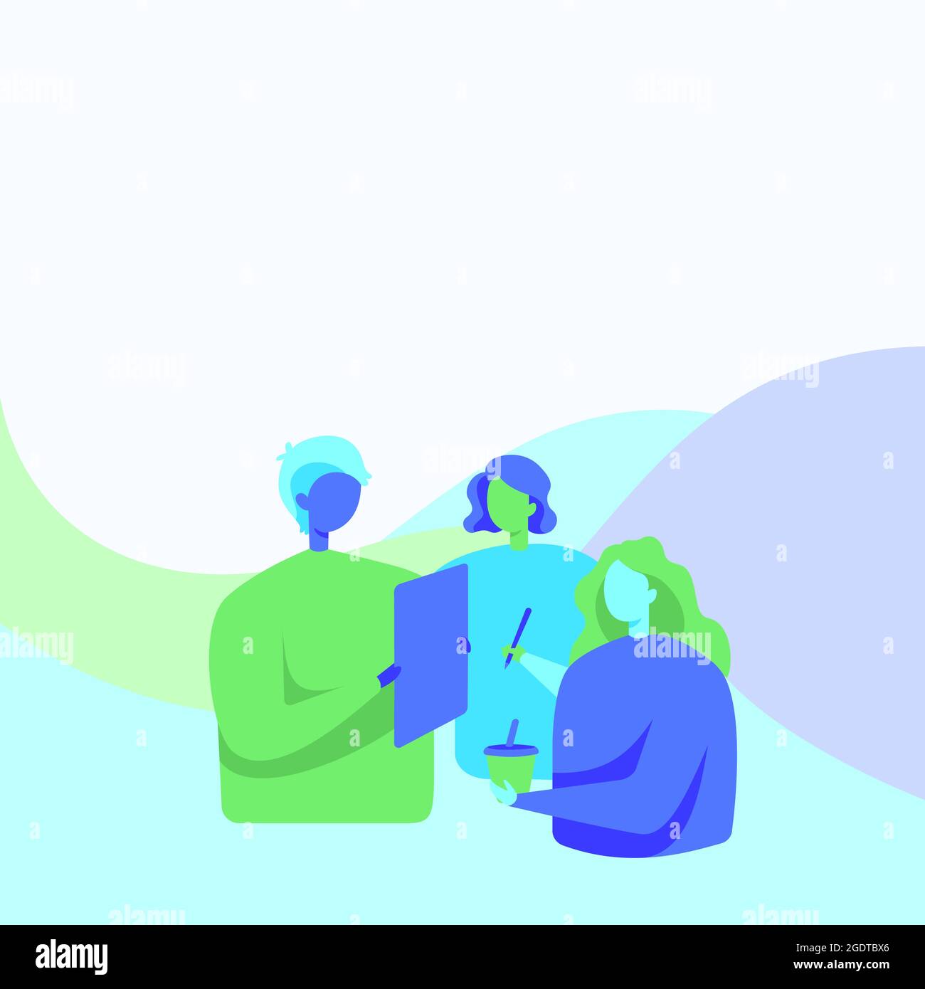 Colleagues Drawing Standing Talking To Each Other Holding Paper Pen Cup ...