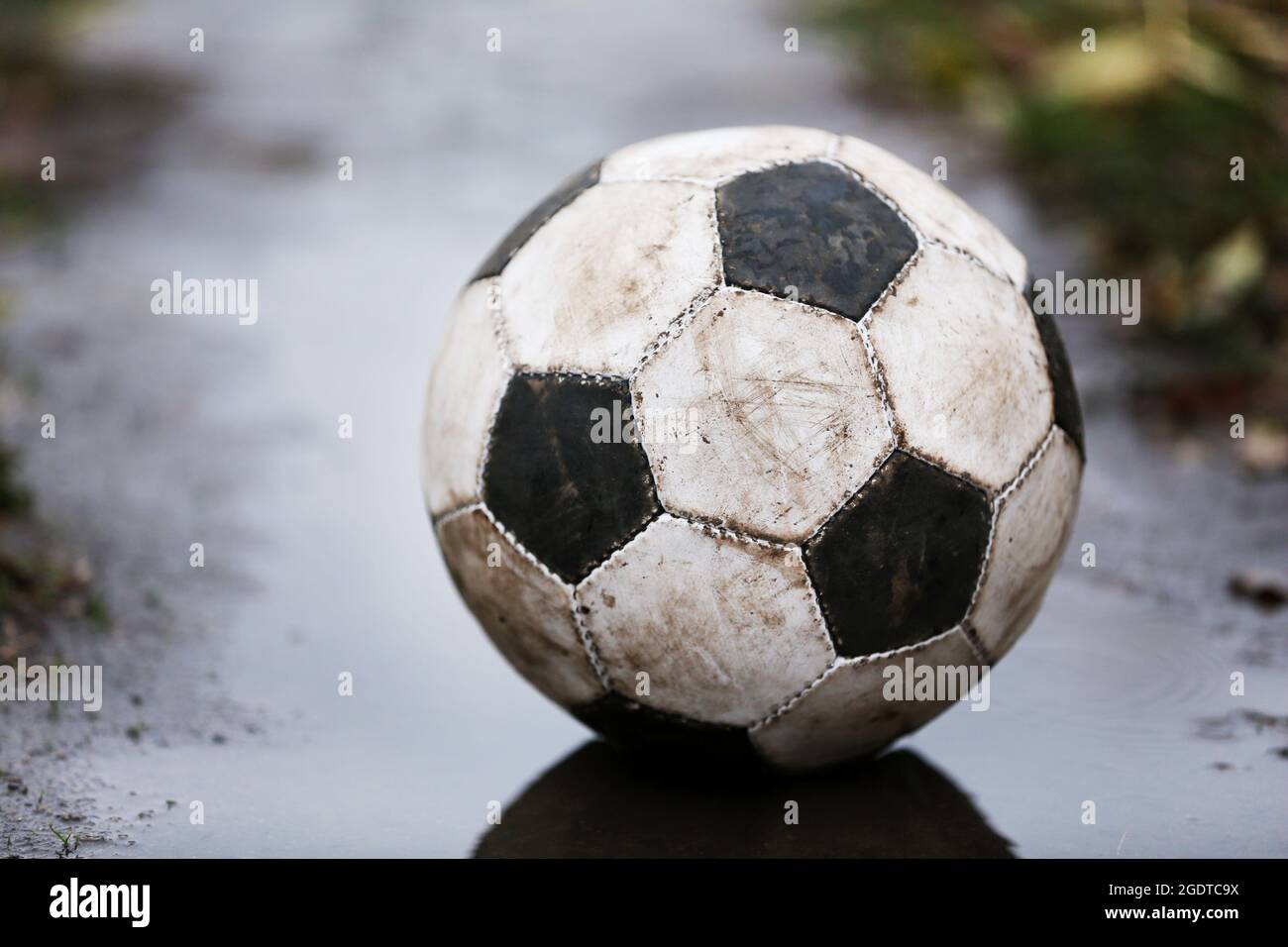 Soccer ball on ground in rainy day, outdoors Stock Photo - Alamy