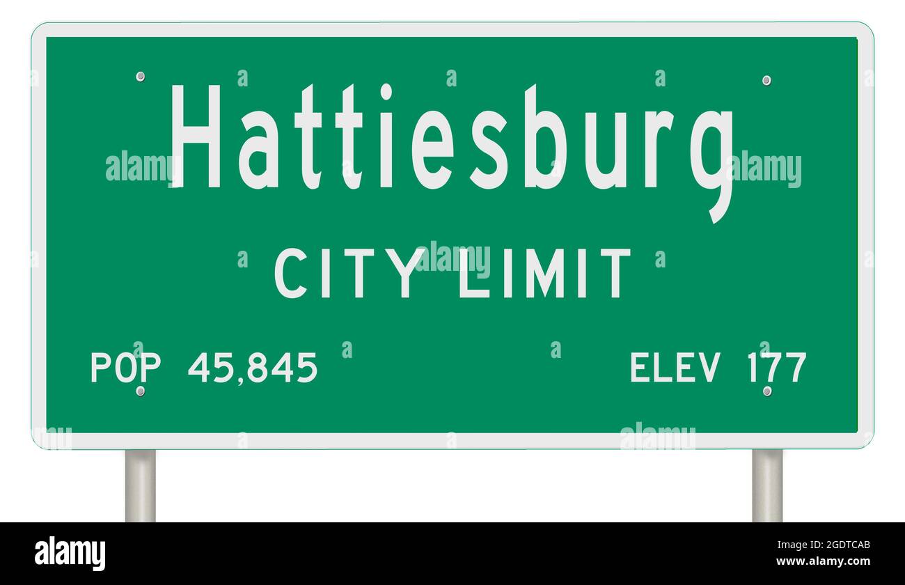 Rendering of a green Mississippi highway sign with city information ...