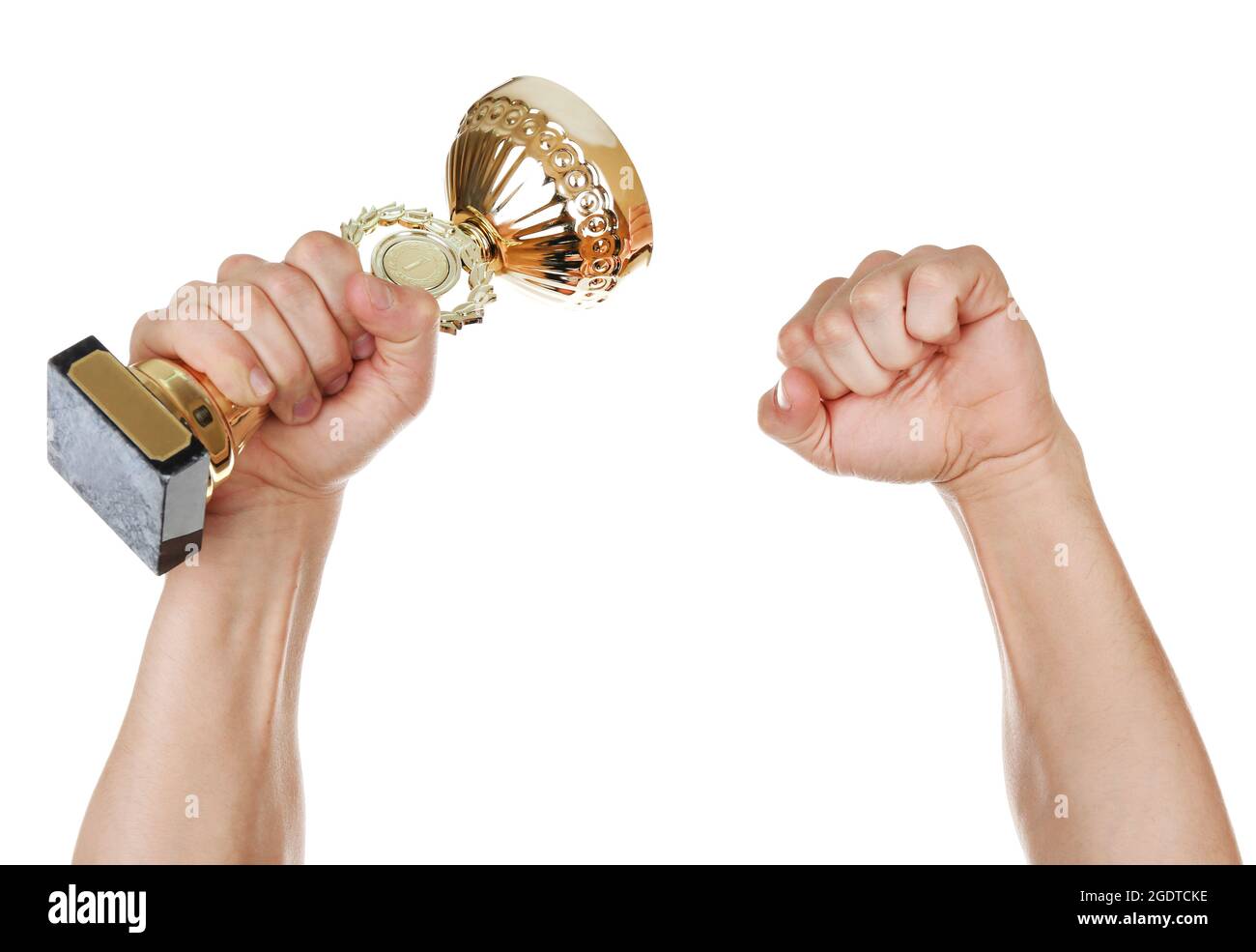 Gold cup in hands isolated on white Stock Photo - Alamy