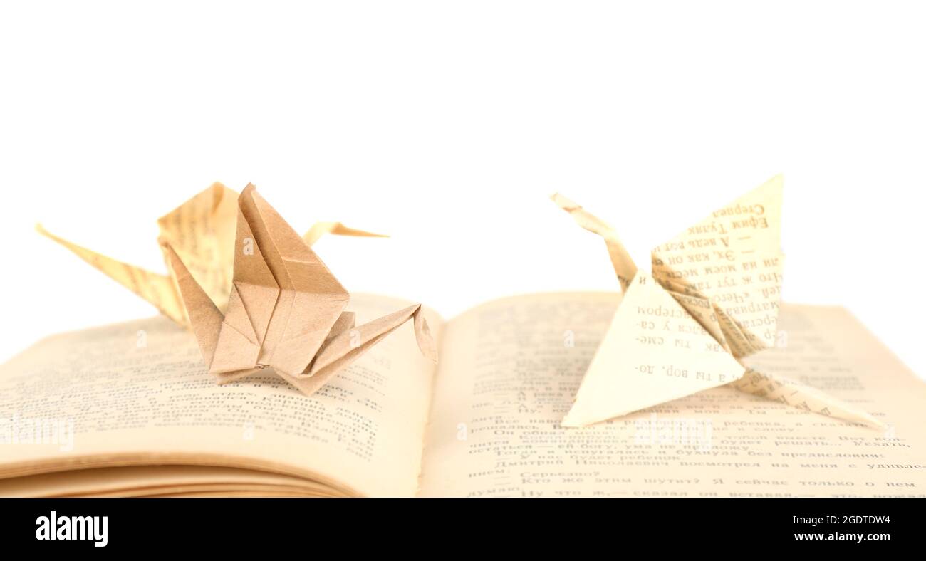 Origami cranes on old book, on white background Stock Photo - Alamy