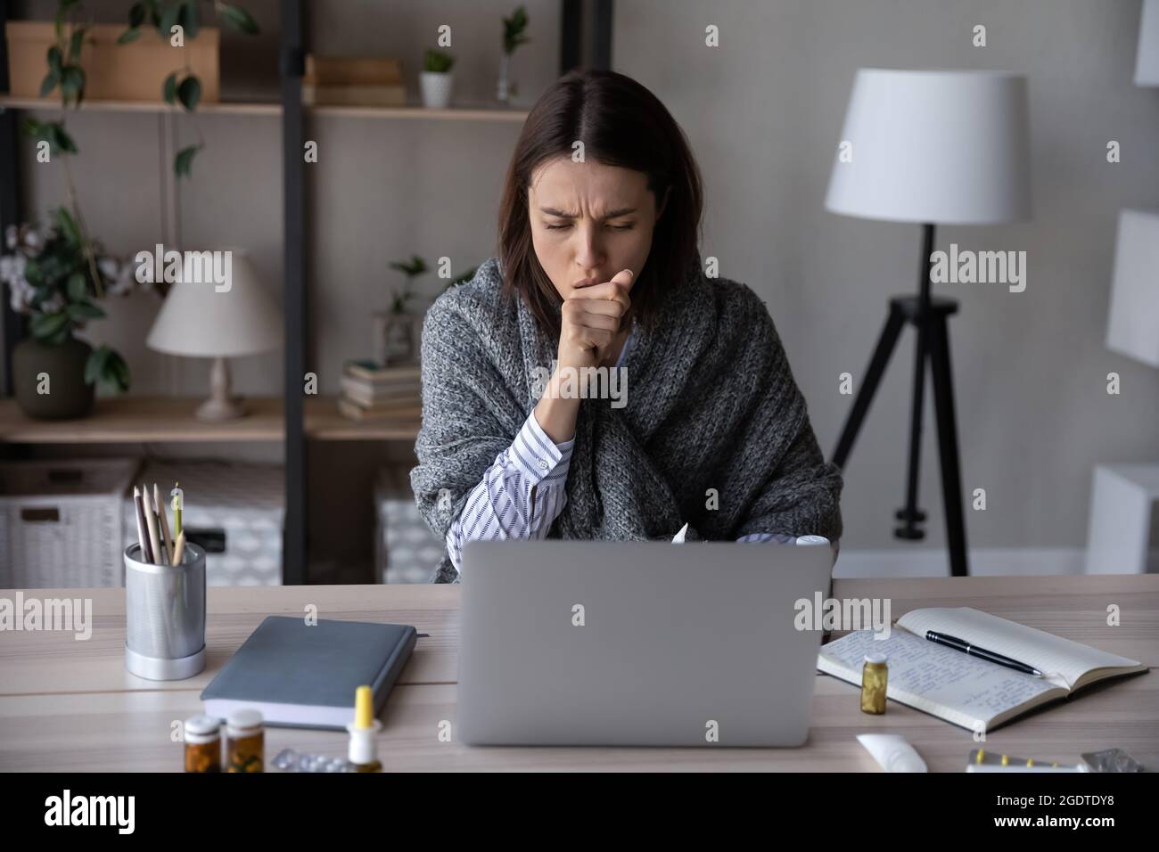 Unhealthy woman feel sick work on computer at workplace Stock Photo - Alamy