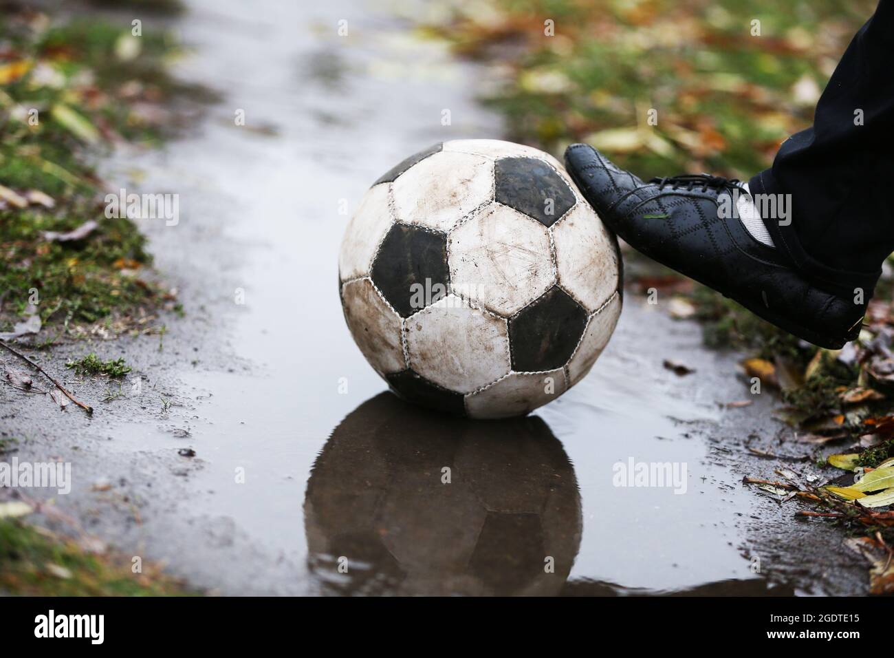 Soccer ball on ground in rainy day, outdoors Stock Photo - Alamy