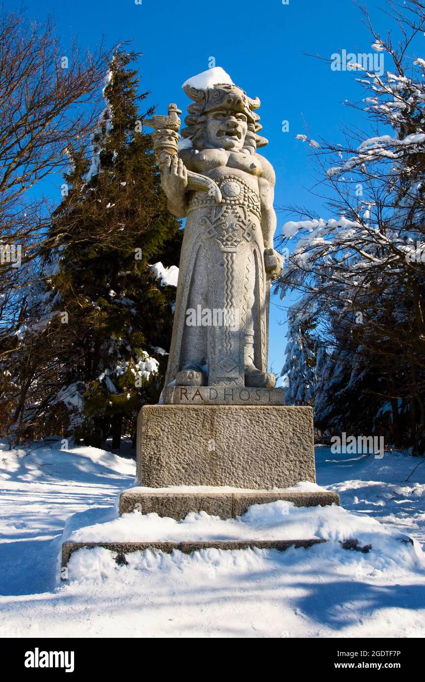 Statue of the pagan god Radegast in Pustevny in the Beskydy Mountains ...