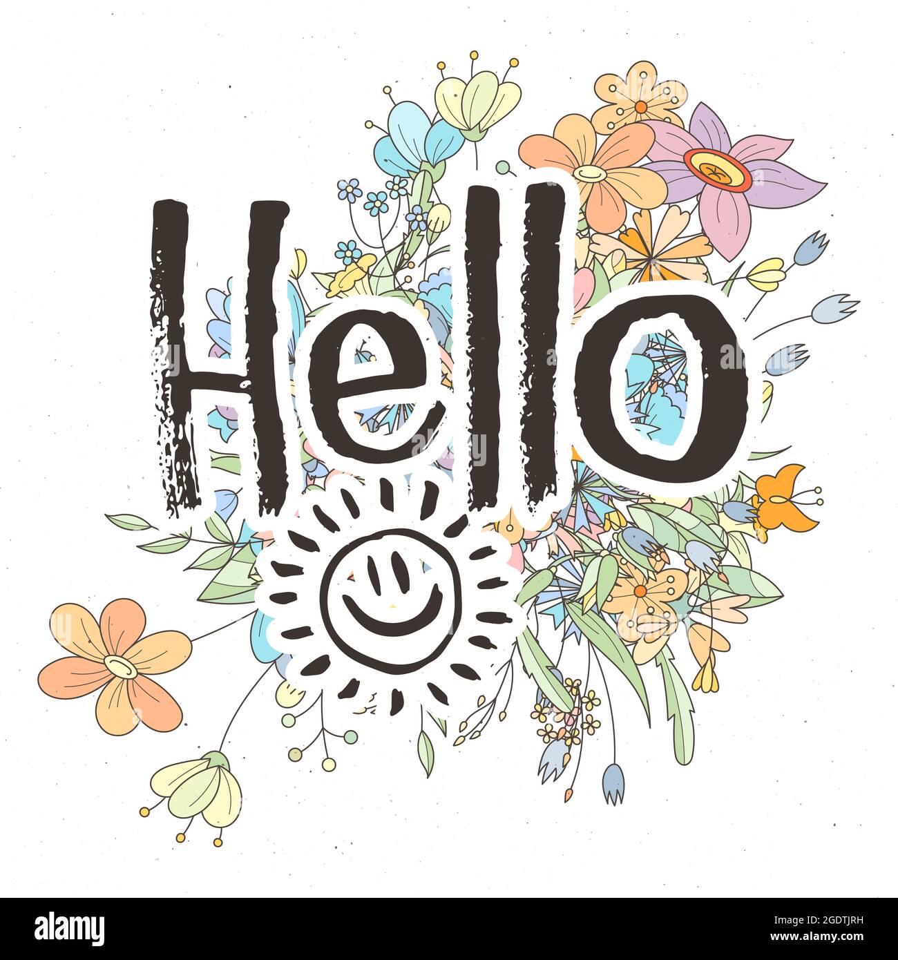 Hello. Hand lettering grunge card with flower background. Handcrafted ...