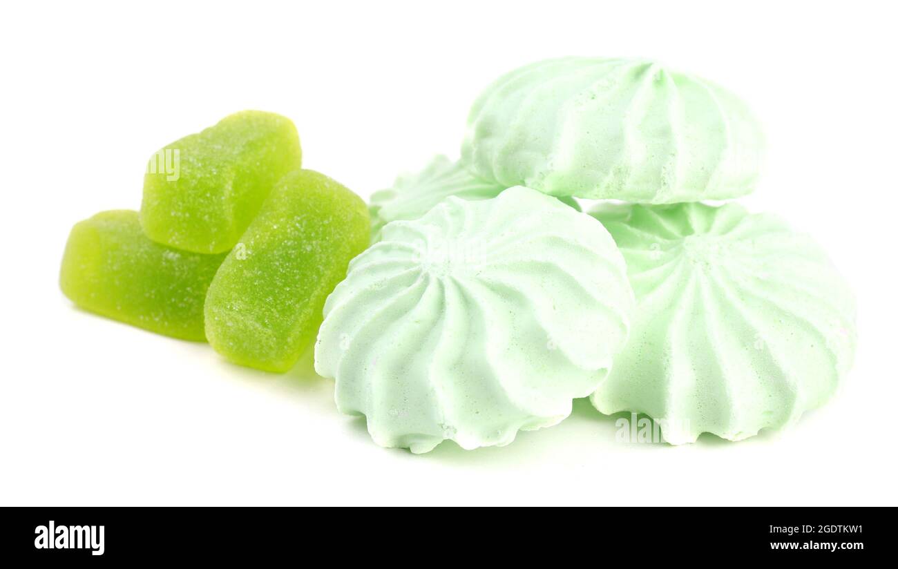 Mint color meringues and mint jelly candies isolated on white Stock ...