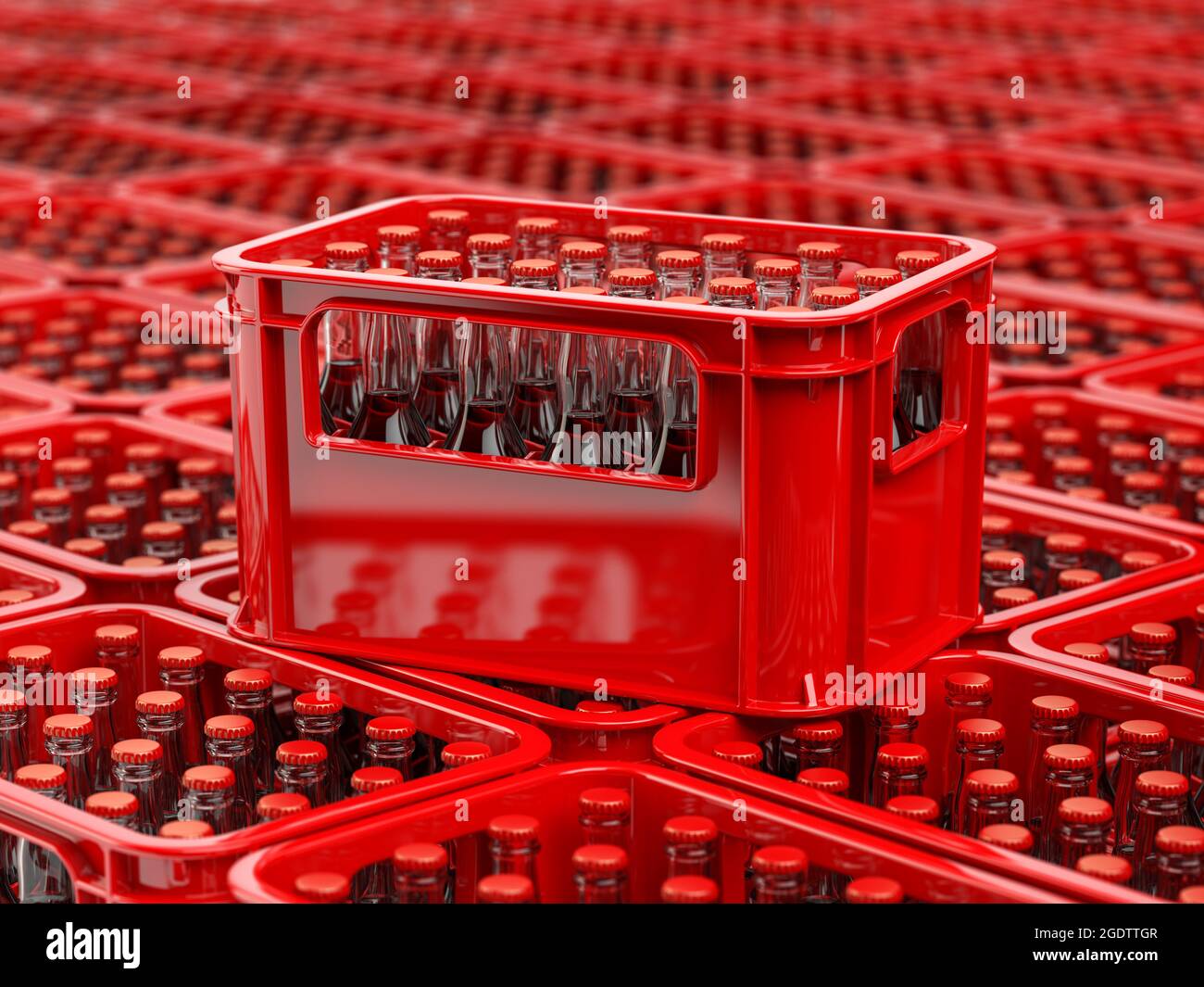Bottles with soda or cola in the red strage crate for bottles. 3d ...