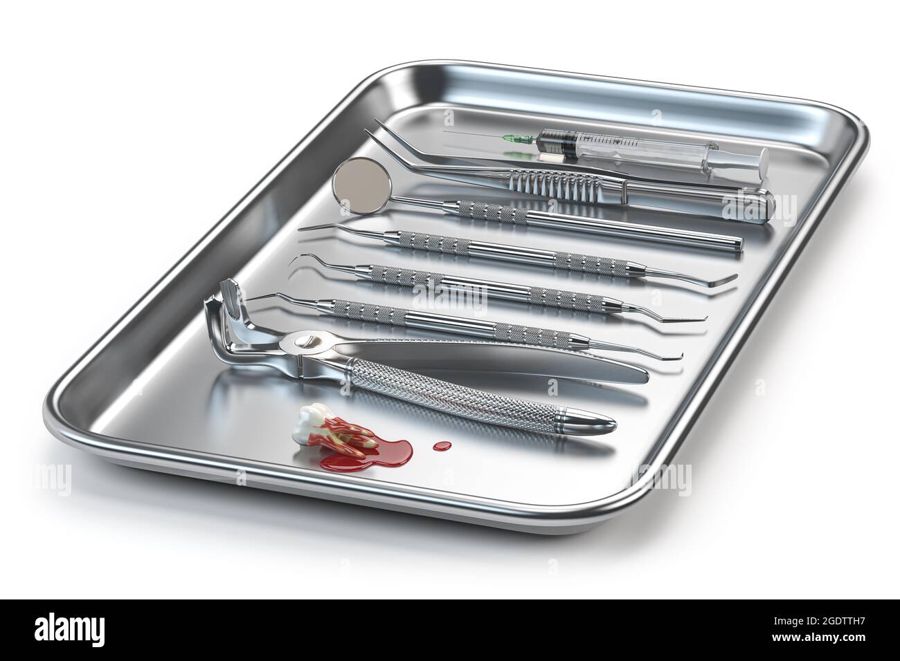 Dentist tools for dental care and extracted tooth with blood. 3d ...