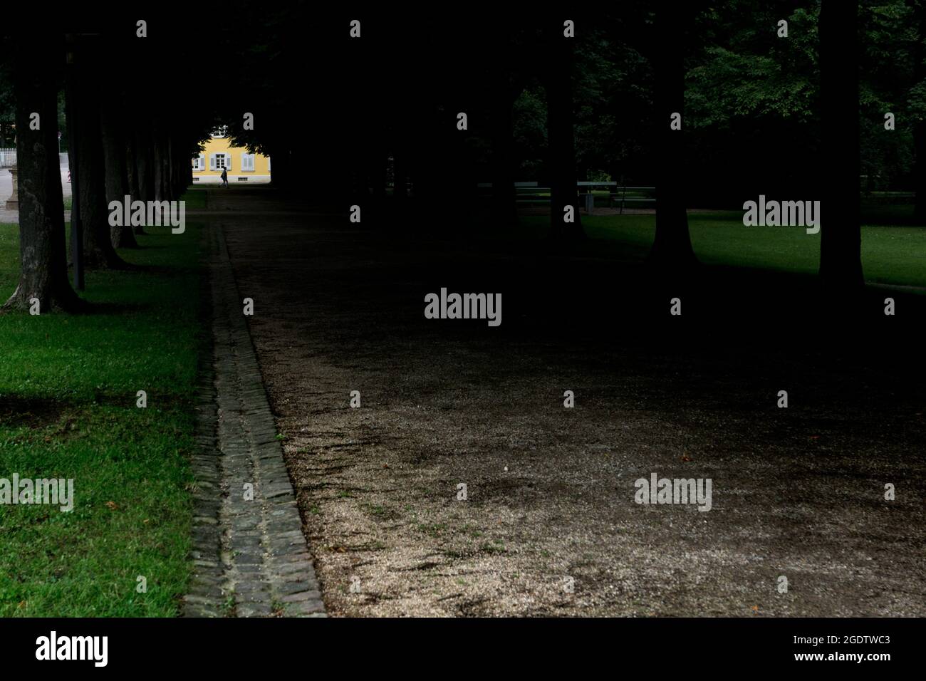 Dark tree avenue with bright yellow house at the end Stock Photo - Alamy