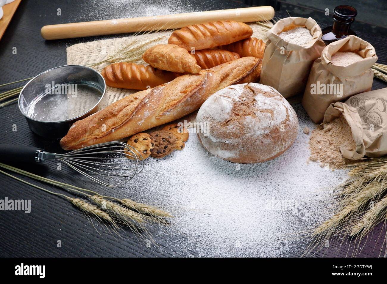 many type of bread studio shot with ingredients flour seed grain all ...