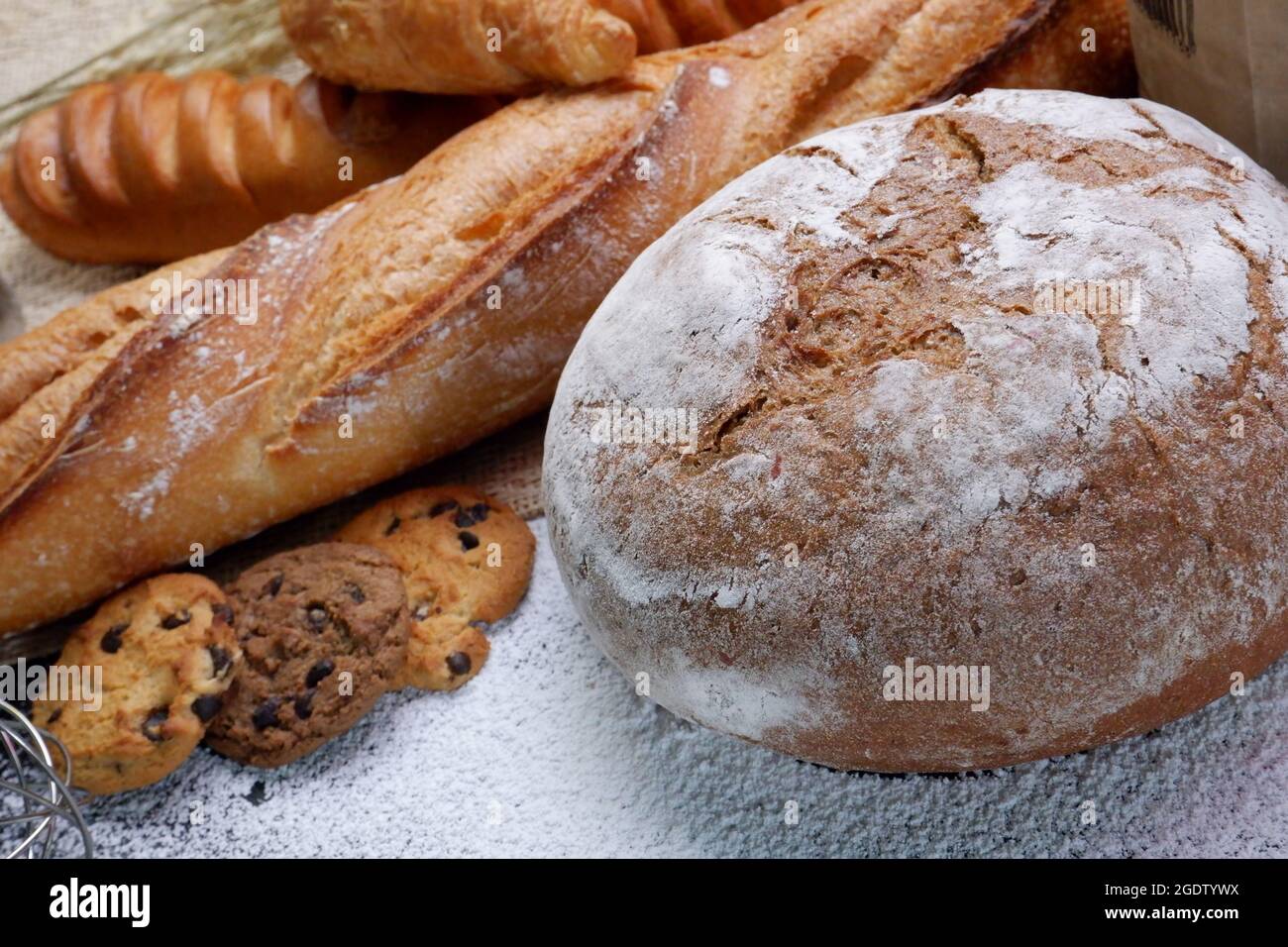 close up shot of many type of bread studio shot with ingredients flour ...