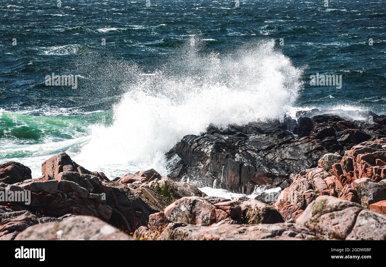 Landscape photo of a wave crashing in on seaside, ocean, sea and cliff ...