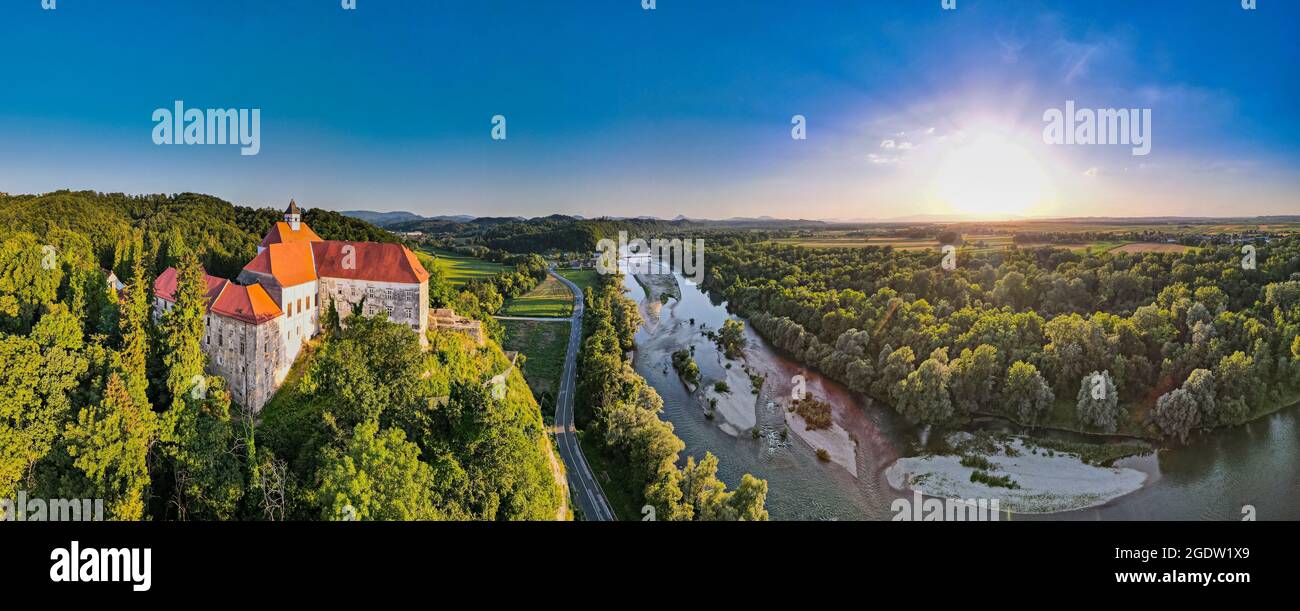 Aerial Panoramic View Over Borl Castle in Slovenia and Drava River ...