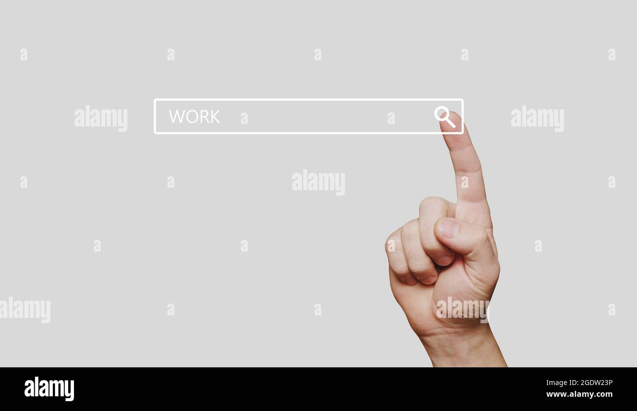 Search bar with work word and man hand presses search button on ...