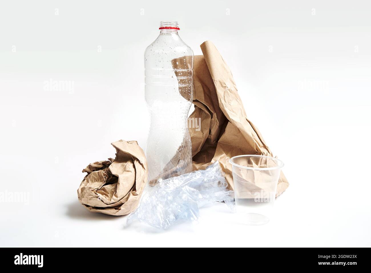 Various garbage, waste of paper and plastic packaging. A pile of ...