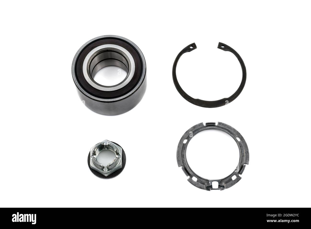 Set of auto parts on white background. New retaining ring, special nut ...