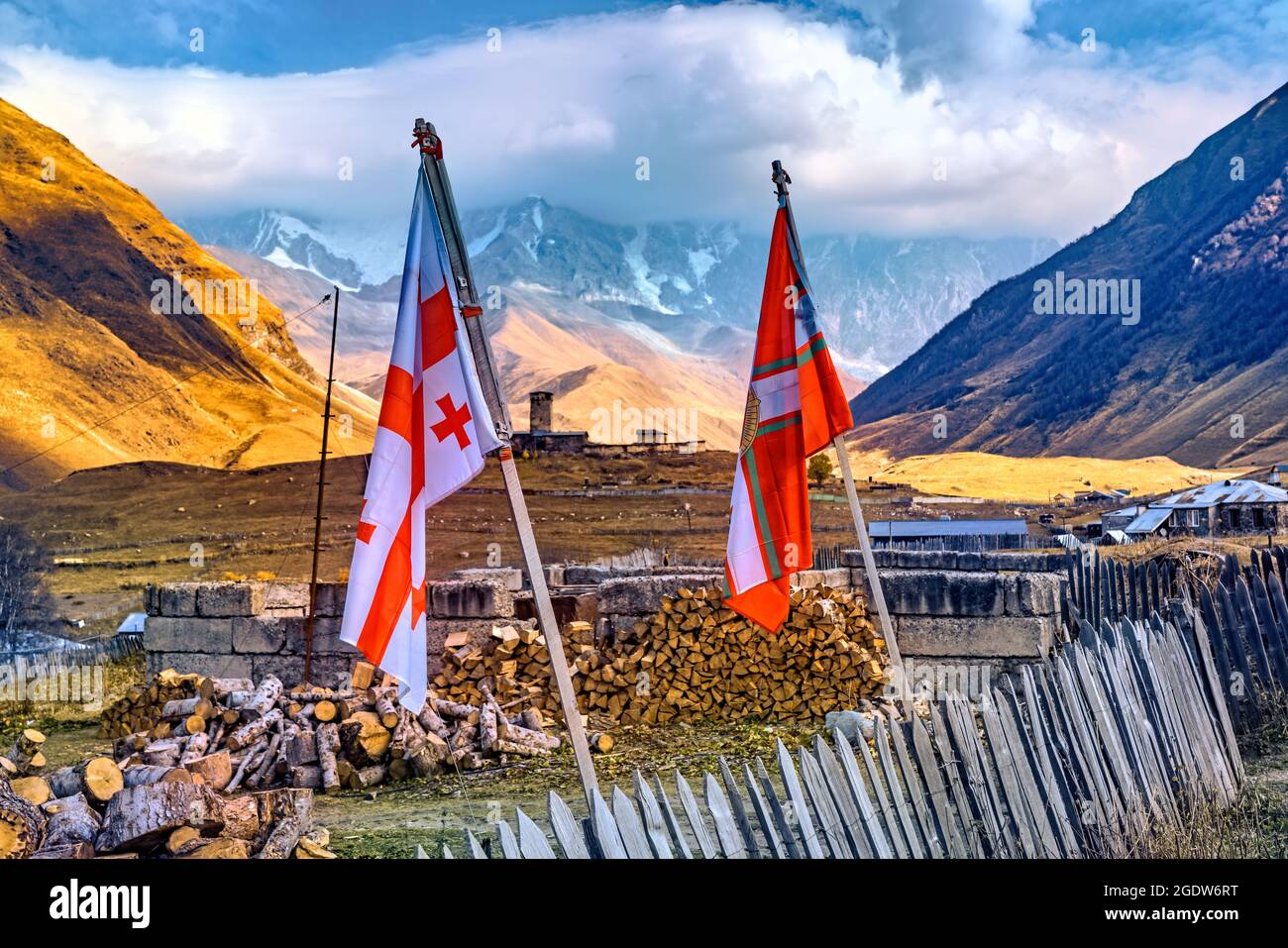 flags of Georgia and Svaneti in Ushguli, Georgia Stock Photo - Alamy