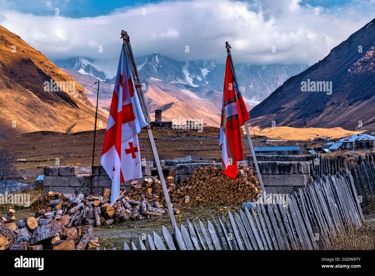 flags of Georgia and Svaneti in Ushguli, Georgia Stock Photo - Alamy