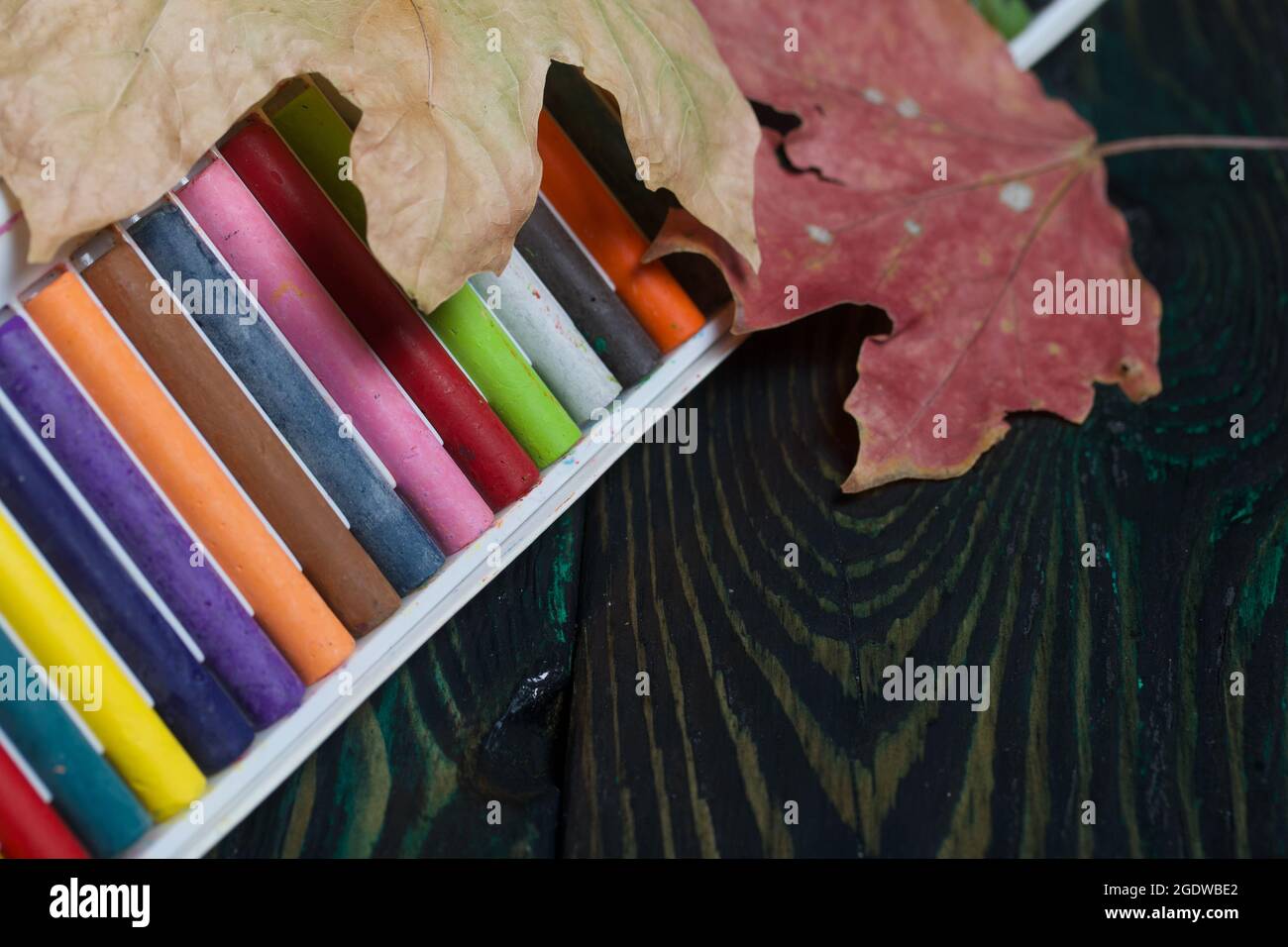 A set of pastels crayons for school. They lie in a box on pine boards ...