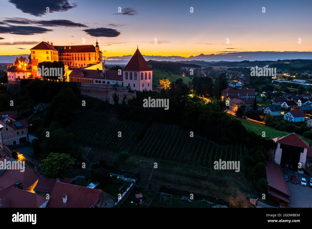 Streets of Ptuj and Ptuj Castle in Slovenia at Sunset Stock Photo - Alamy