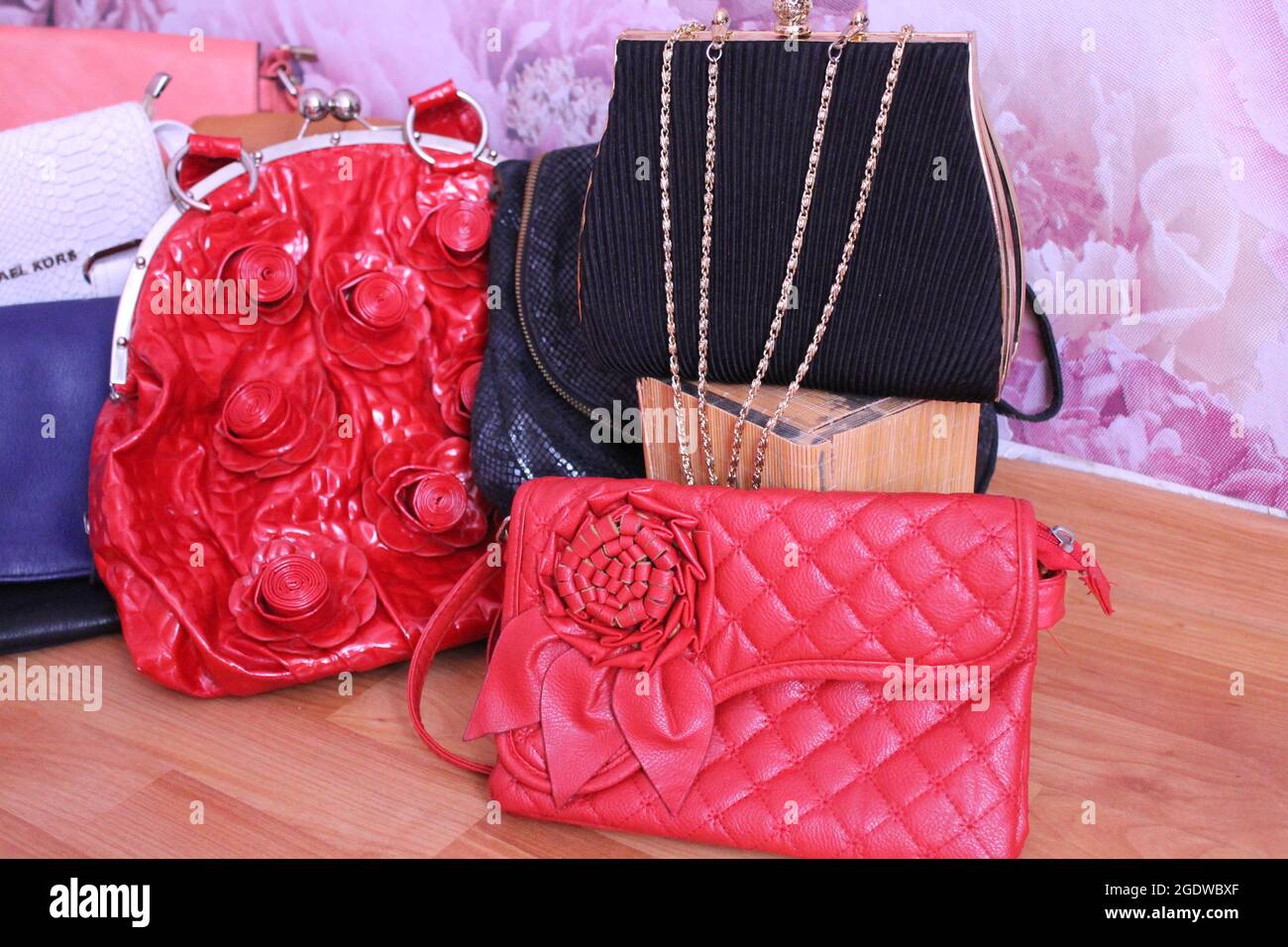 accessories woman's bags different size and forms, colors and textures ...