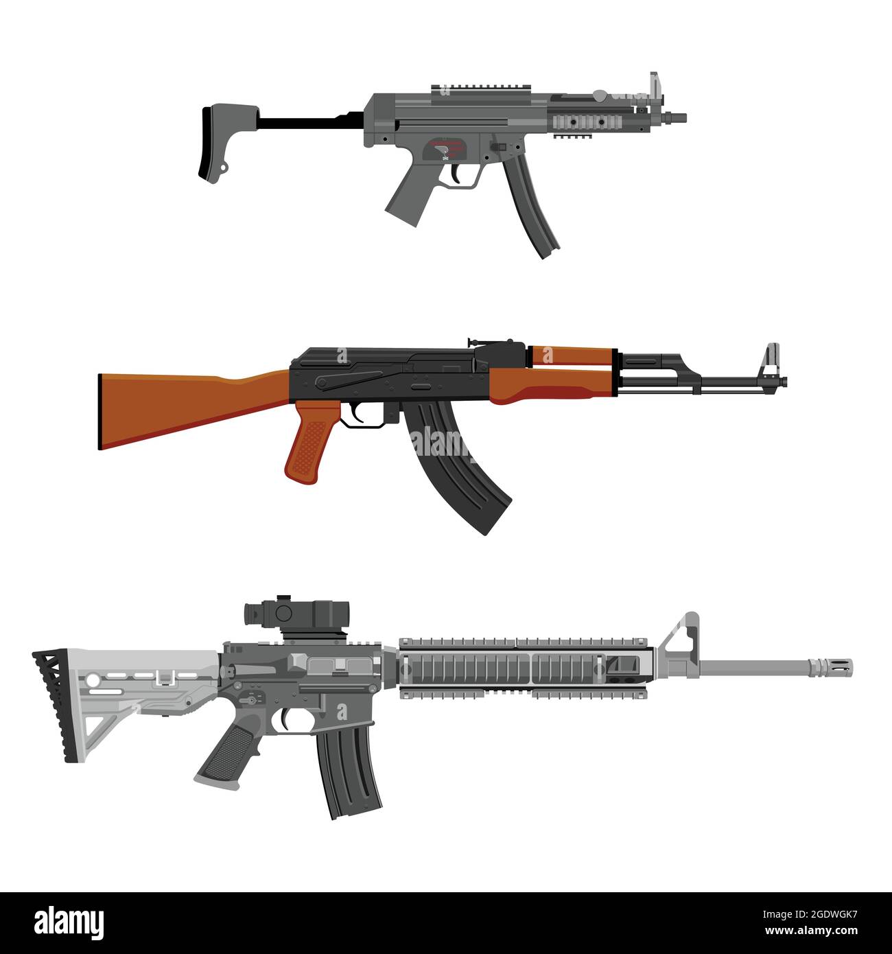 Weapon collection. Vector illustration AK Kalashnikov machine gun, m-16 ...