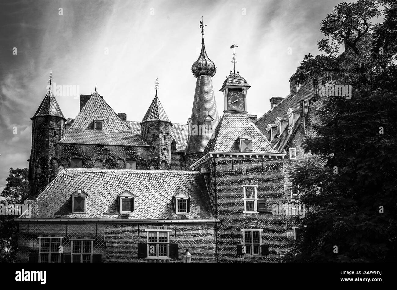 Black and white photo of medieval dutch mystical spooky fairy castle ...