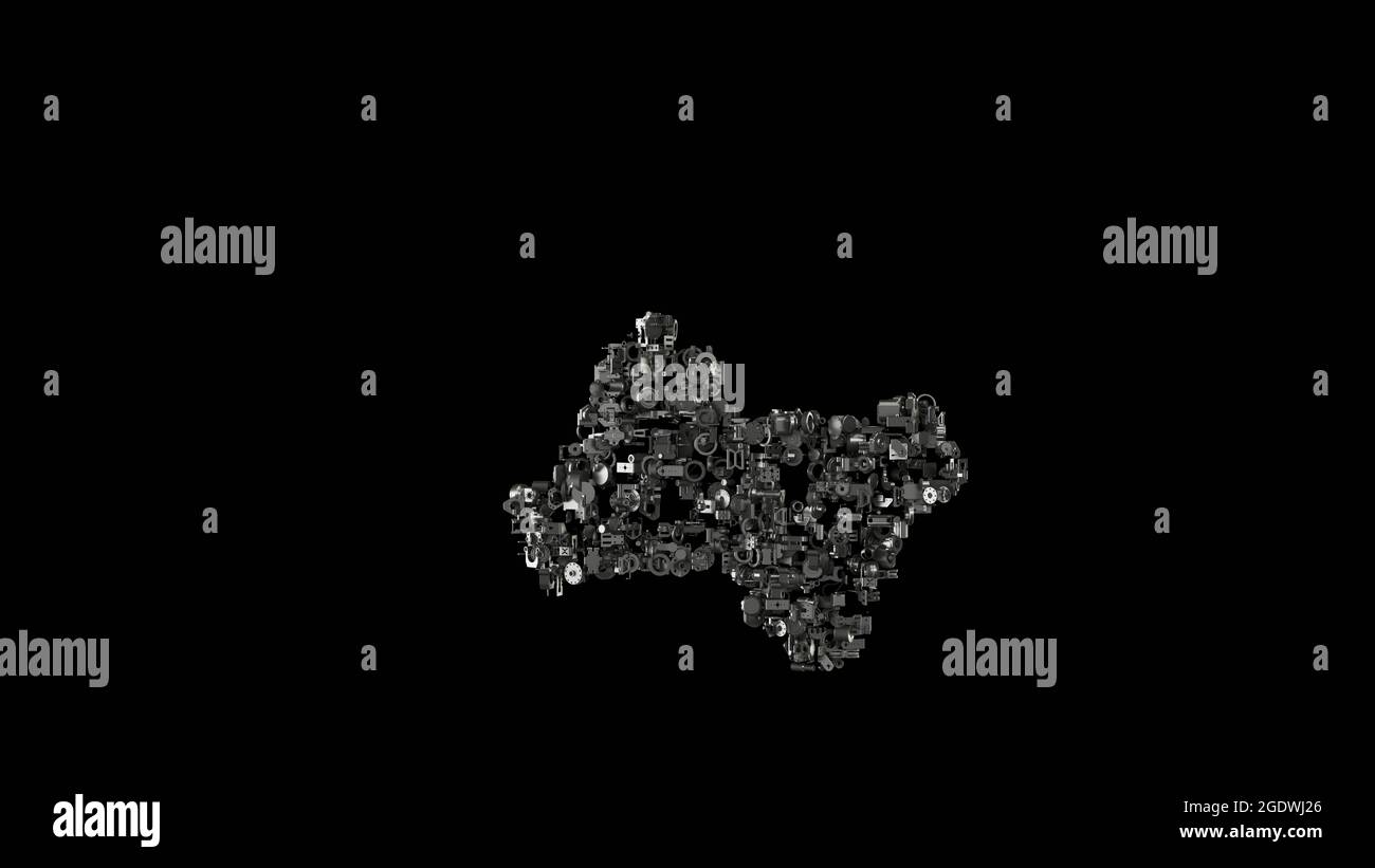 3d rendering various mechanical glossy metal parts in shape of symbol ...