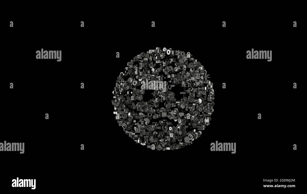 3d rendering various mechanical glossy metal parts in shape of circle ...