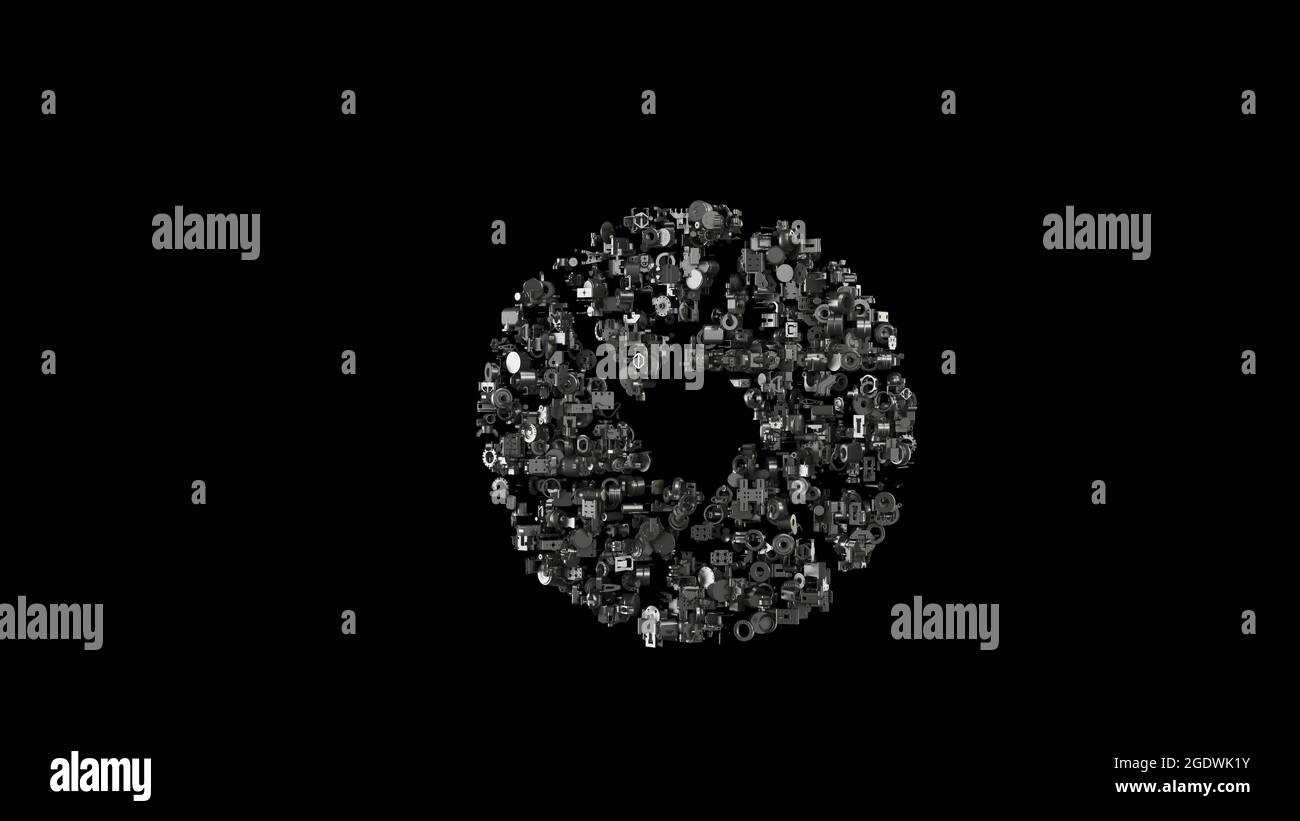 3d rendering various mechanical glossy metal parts in shape of symbol ...