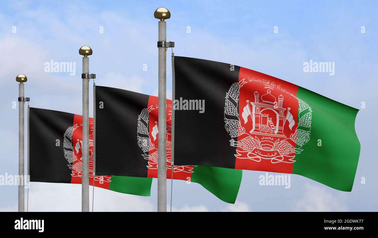 3D, Afghan flag waving on wind with clouds and blue sky. Afghanistan ...