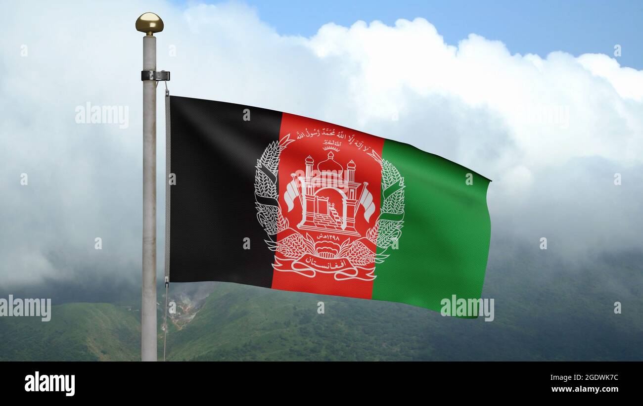 3D, Afghan flag waving on wind at mountain. Close up Afghanistan banner ...