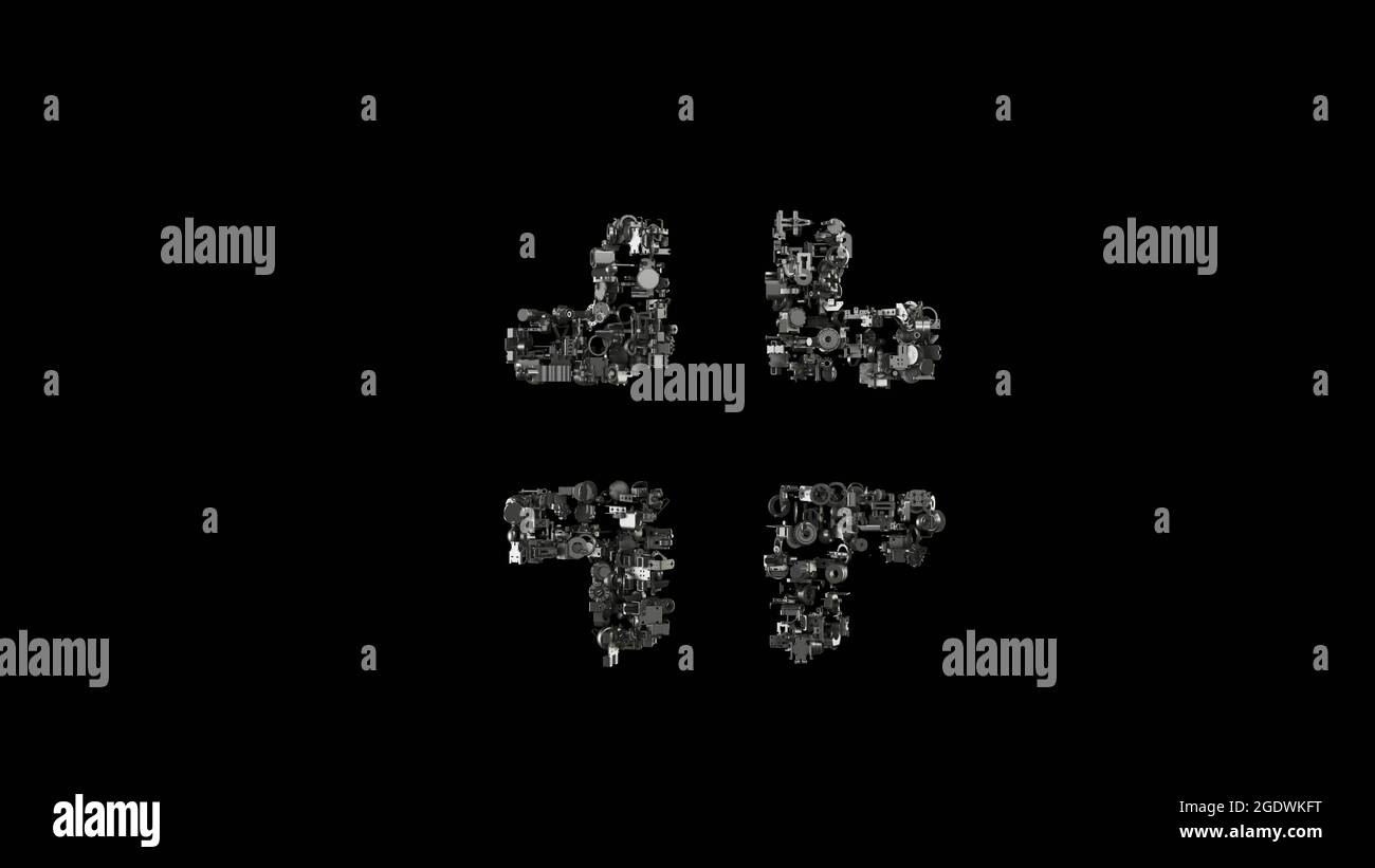 3d rendering various mechanical glossy metal parts in shape of symbol ...