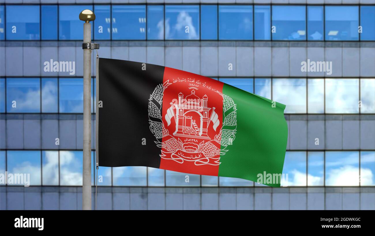 3D, Afghan flag waving on wind with modern skyscraper city. Afghanistan ...