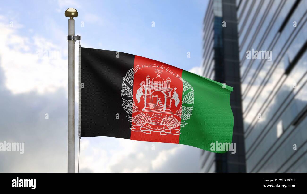 3D, Afghan flag waving on wind with modern skyscraper city. Afghanistan ...