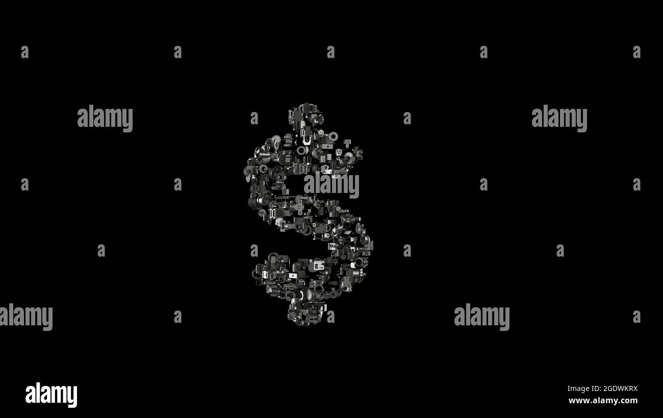 3d rendering various mechanical glossy metal parts in shape of symbol ...