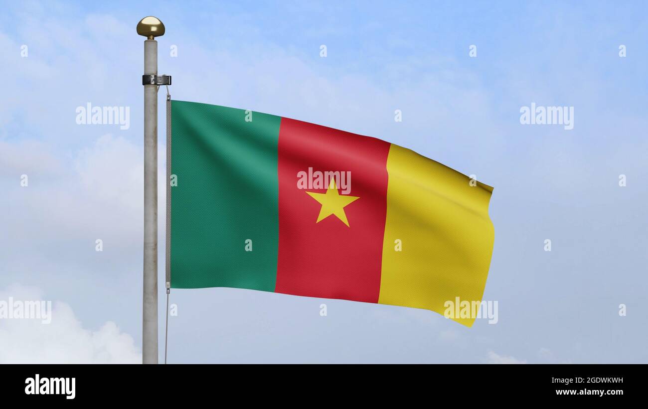 3D, Cameroonian flag waving on wind with blue sky and clouds. Cameroon ...