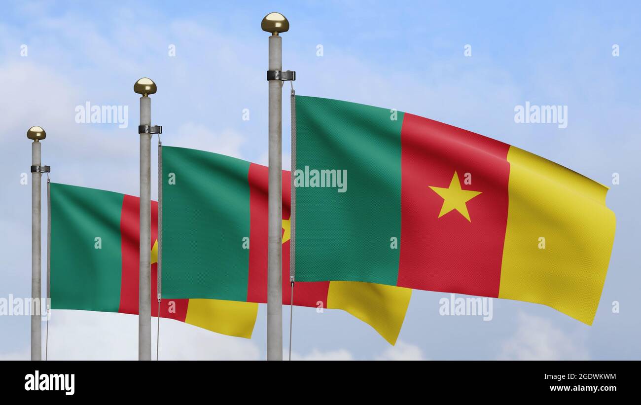 3D, Cameroonian flag waving on wind with blue sky and clouds. Close up ...