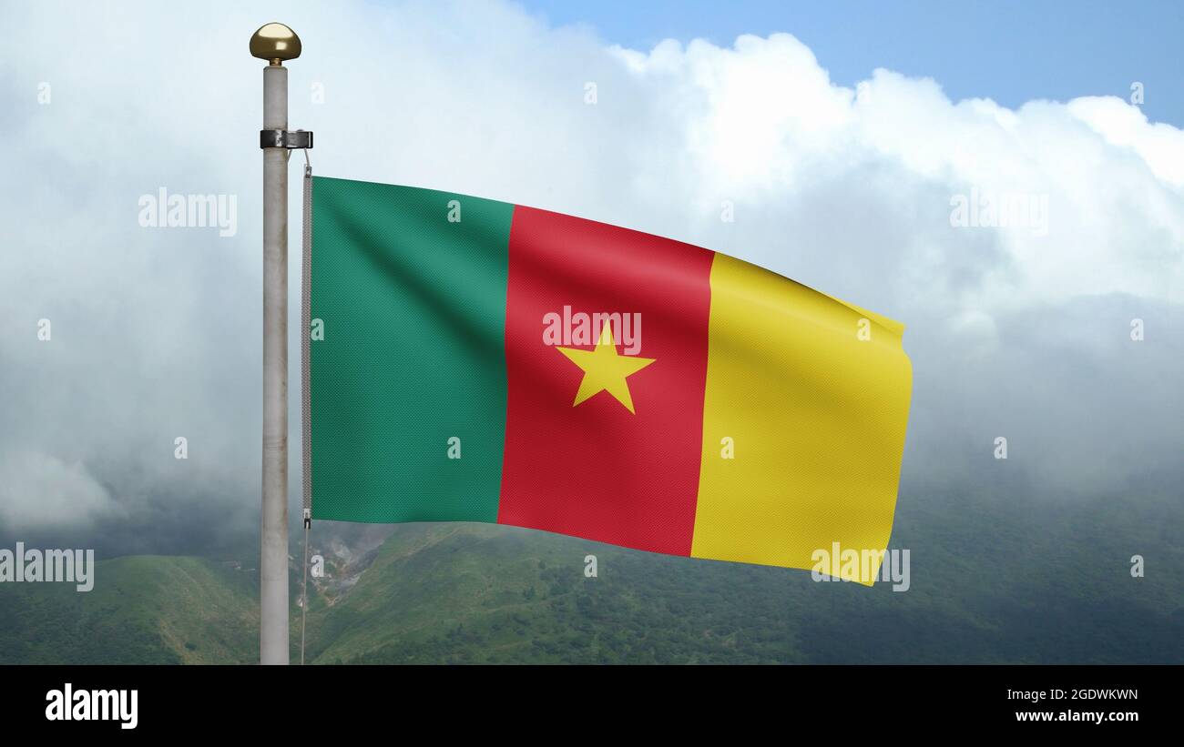3D, Cameroonian flag waving on wind with blue sky and clouds. Cameroon ...