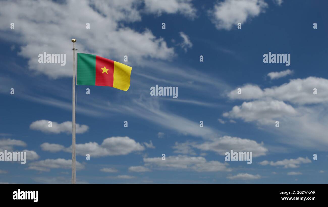 3D, Cameroonian flag waving on wind with blue sky and clouds. Cameroon ...