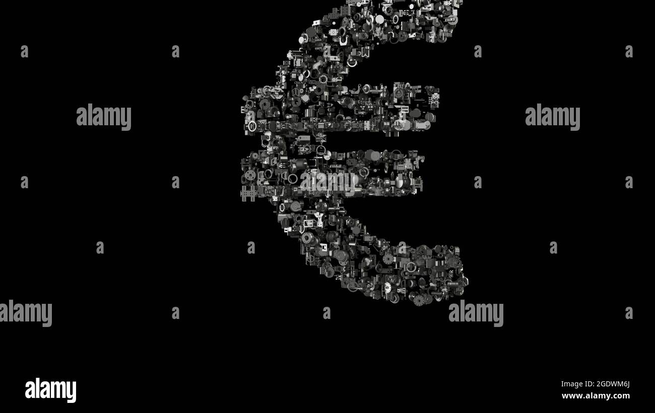 3d rendering various mechanical glossy metal parts in shape of symbol ...