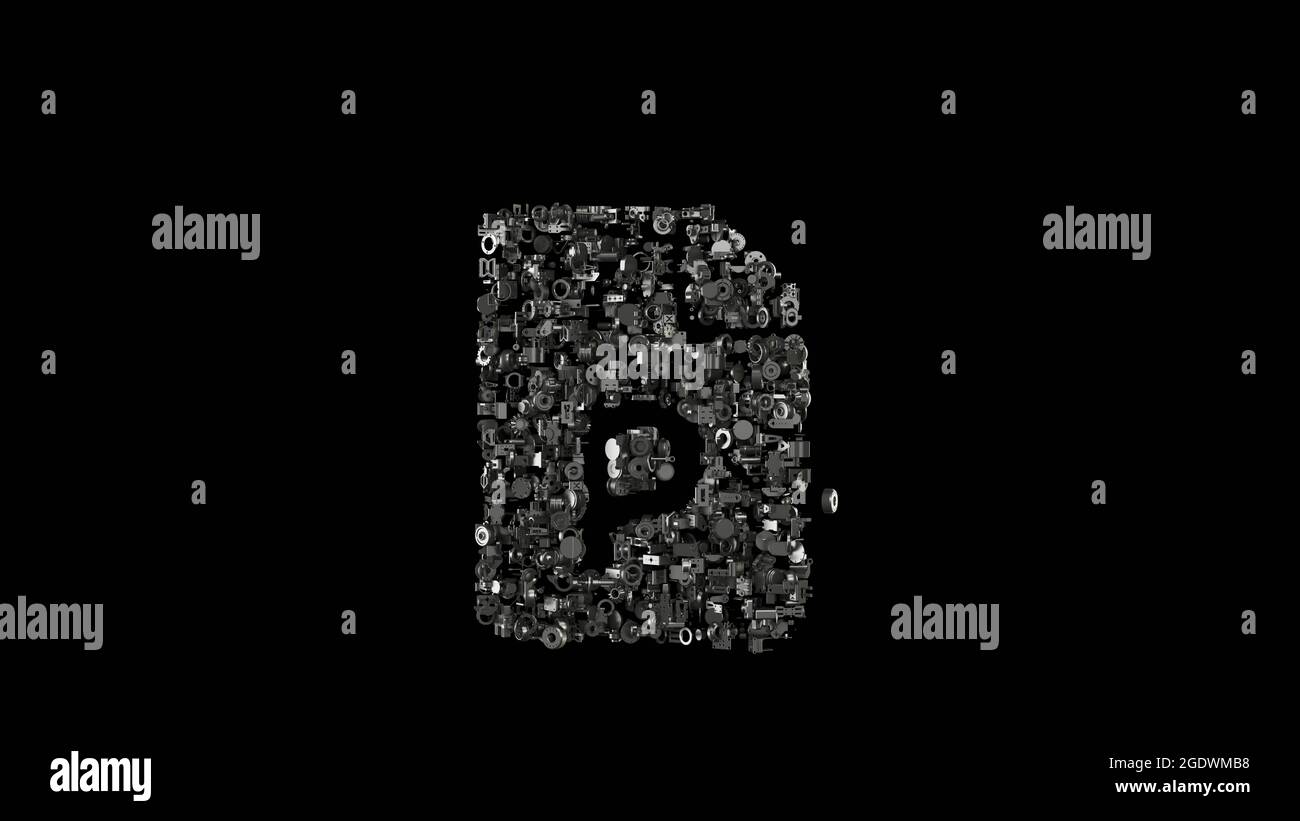 3d rendering various mechanical glossy metal parts in shape of symbol ...