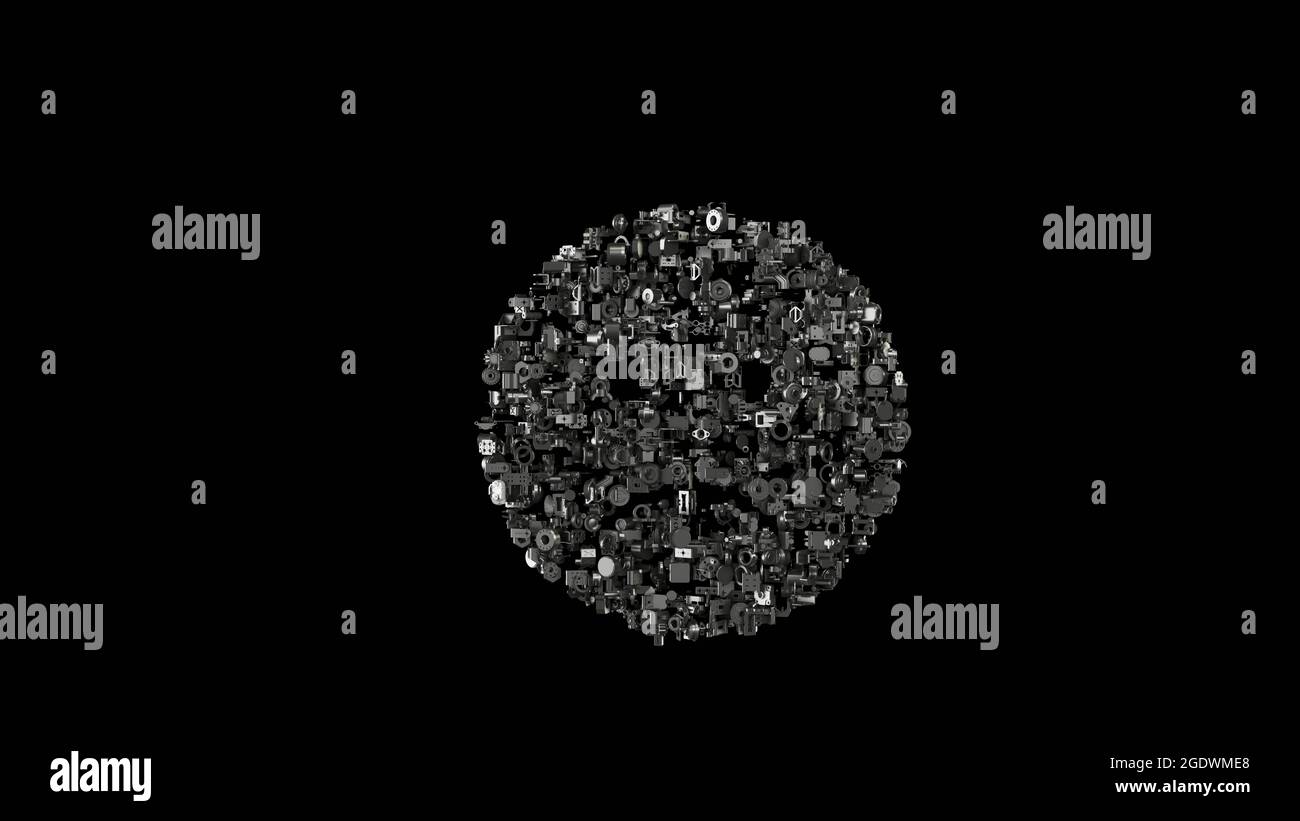 3d rendering various mechanical glossy metal parts in shape of symbol ...