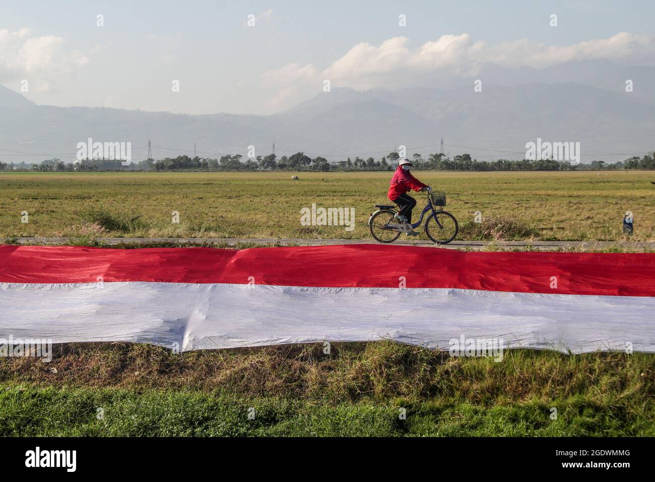 A woman rides a bicycle past a 76-meter-long red and white cloth at the ...