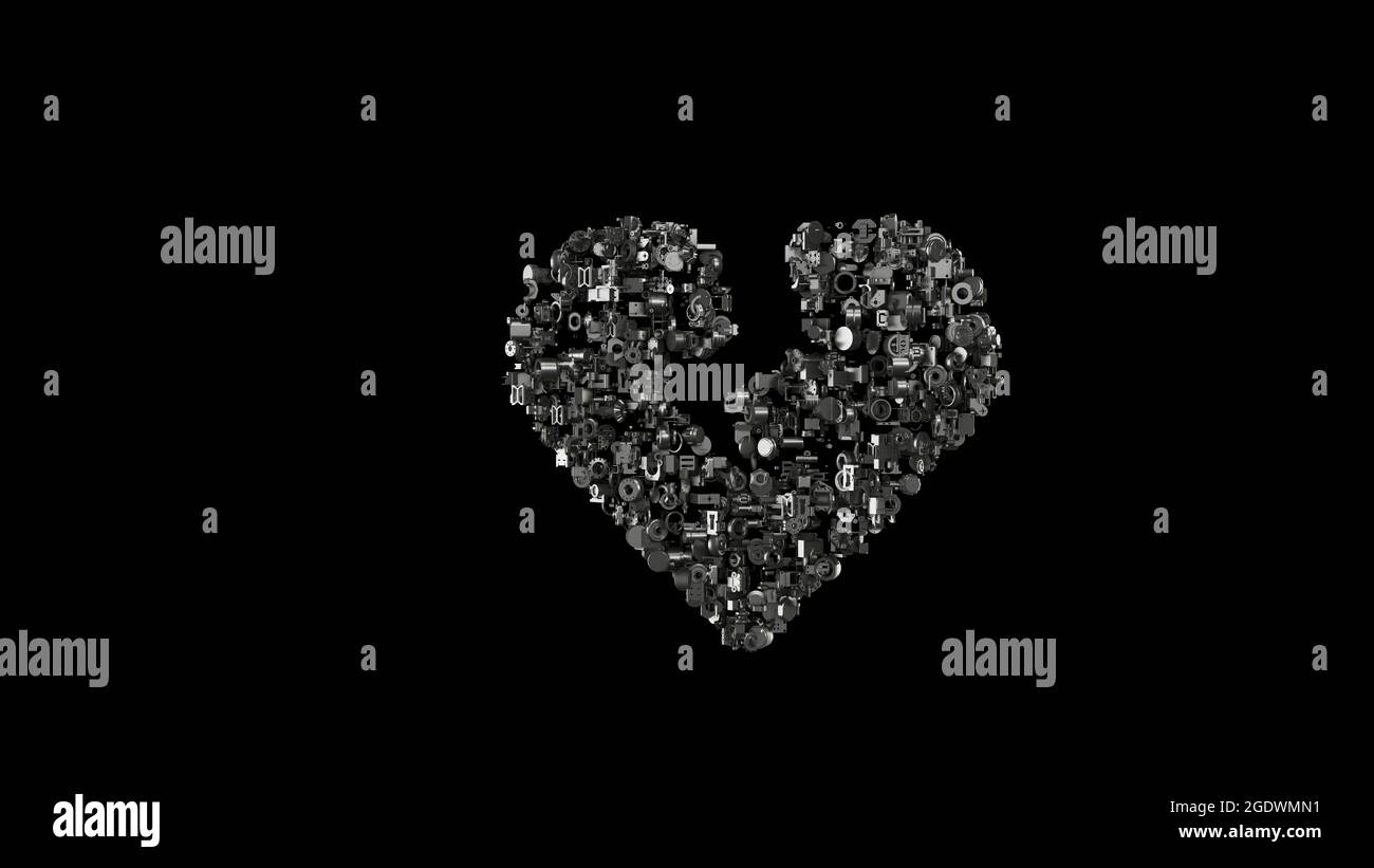 3d rendering various mechanical glossy metal parts in shape of symbol ...