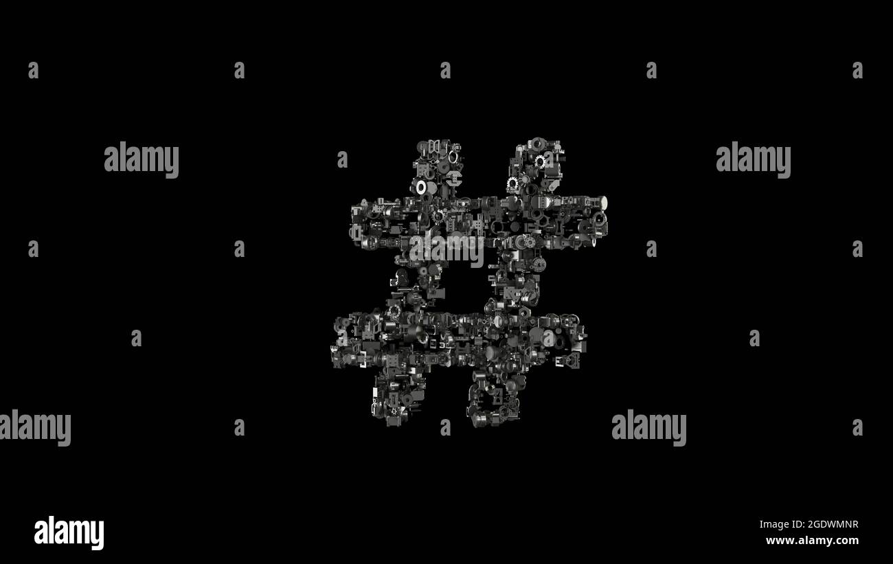 3d rendering various mechanical glossy metal parts in shape of symbol ...