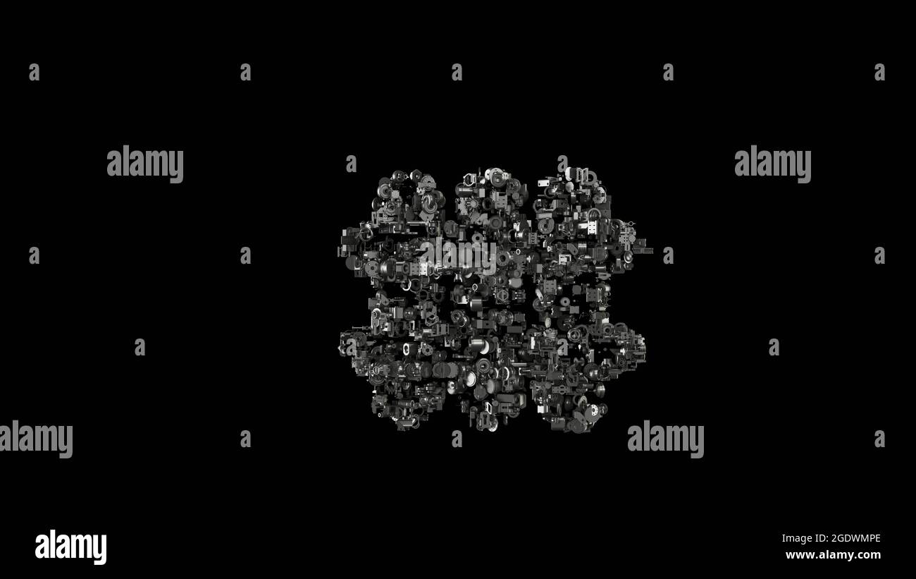 3d rendering various mechanical glossy metal parts in shape of symbol ...