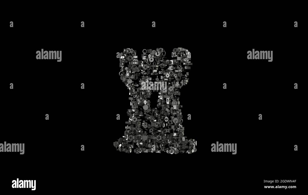 3d rendering various mechanical glossy metal parts in shape of symbol ...