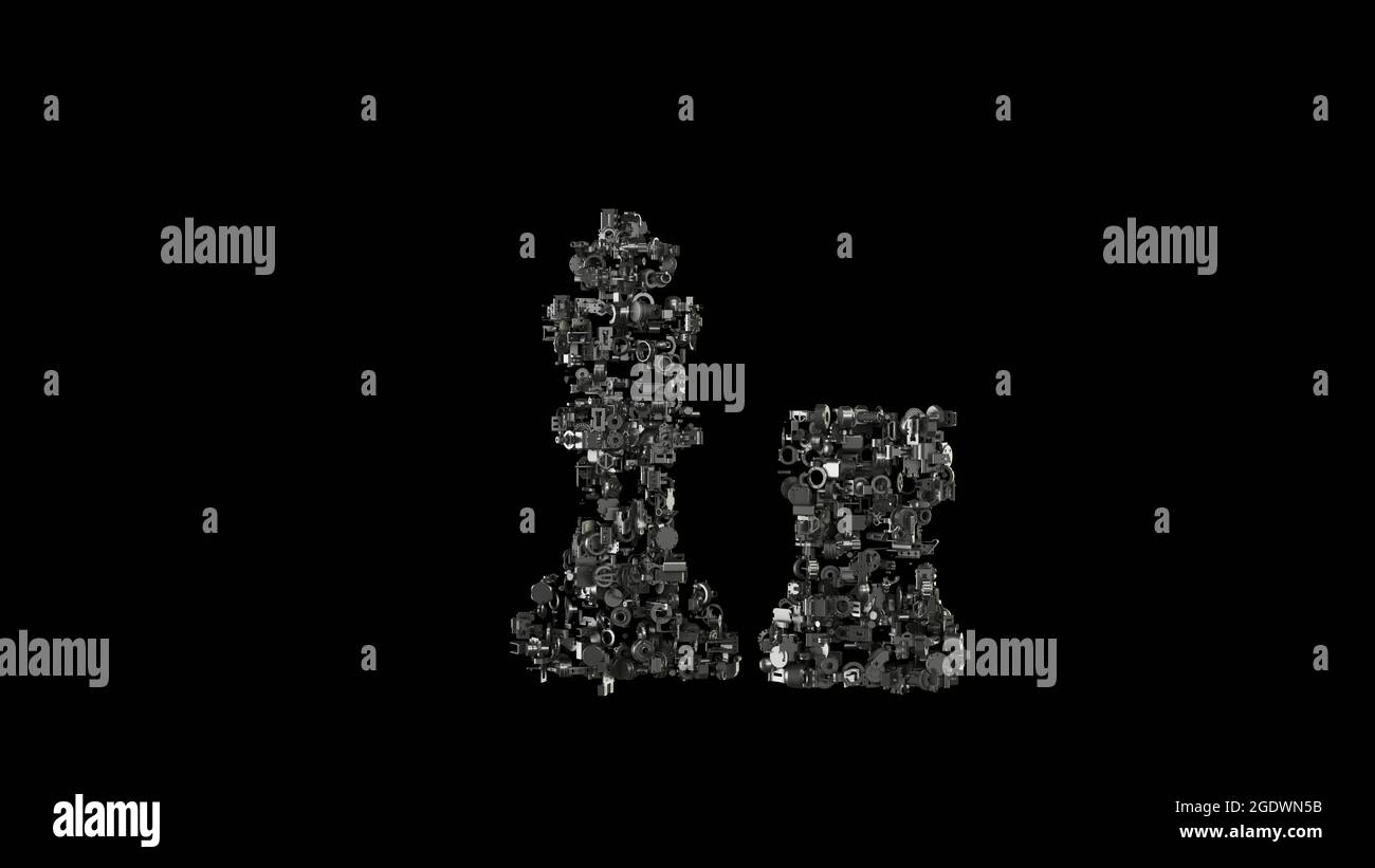 3d rendering various mechanical glossy metal parts in shape of symbol ...